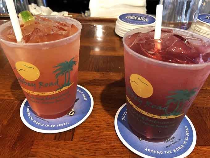 Tropical drinks served in beachy cups remind you that Virginia Beach meets Liverpool in the most delightful way.