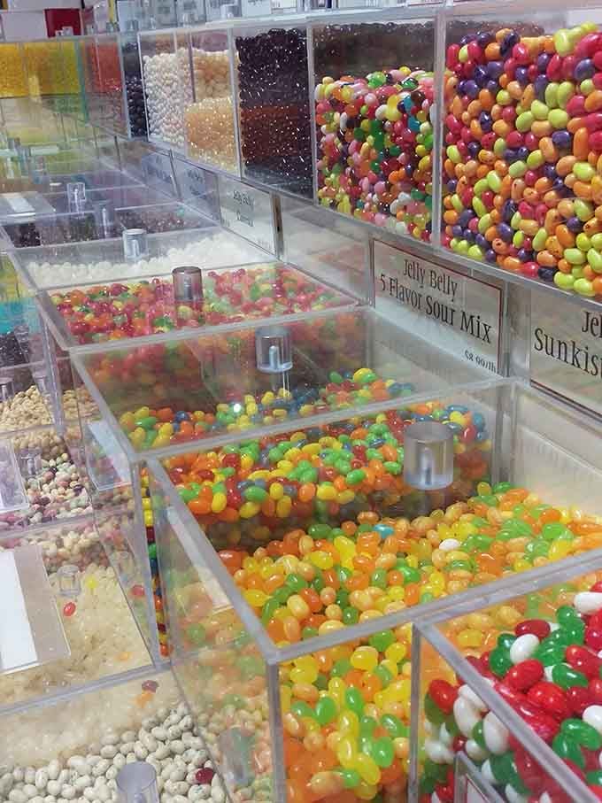 Jelly beans in every flavor imaginable fill these bins, creating a kaleidoscope that demands immediate sampling.