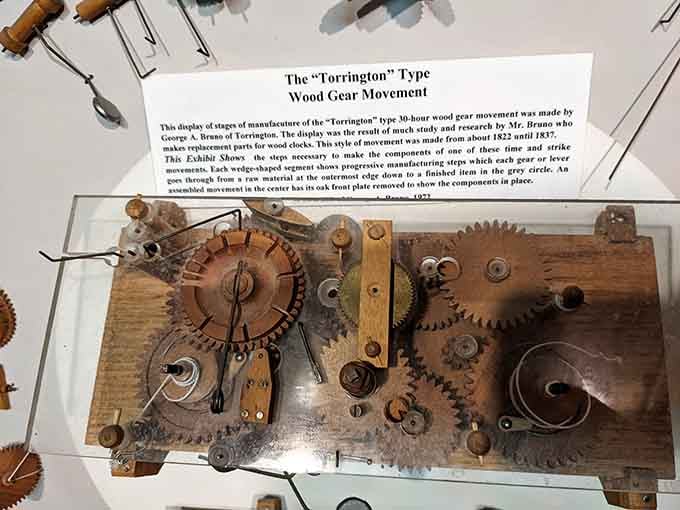 The Torrington wood gear movement display reveals the brilliant engineering that made Connecticut's clock industry tick, literally and figuratively.