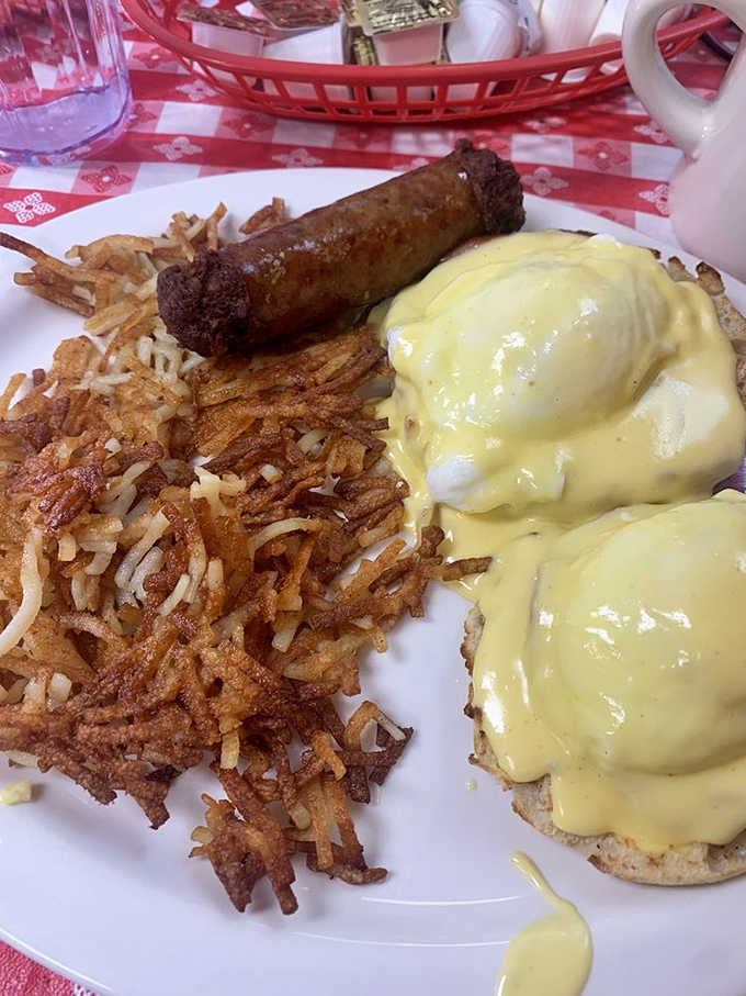 Eggs Benedict meets Southern hospitality with hash browns that deserve their own fan club.