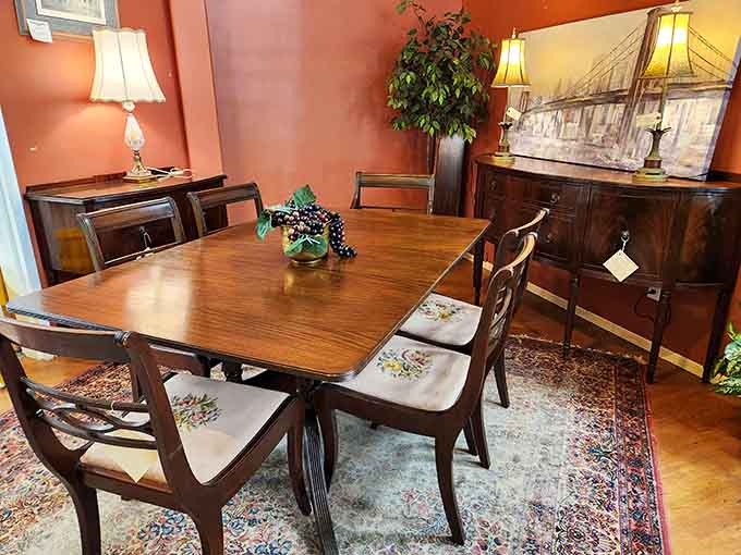 A dining set ready to host family dinners again, complete with chairs that won't wobble like modern furniture.