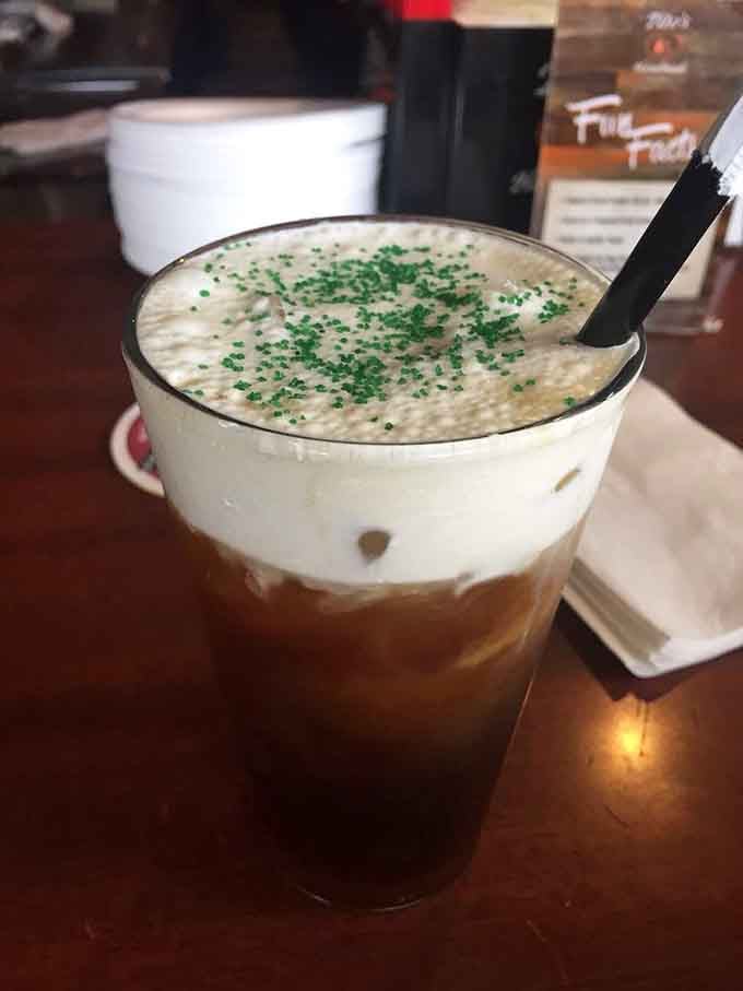 That creamy Irish coffee topped with green sprinkles is like a warm hug in a glass after dinner.