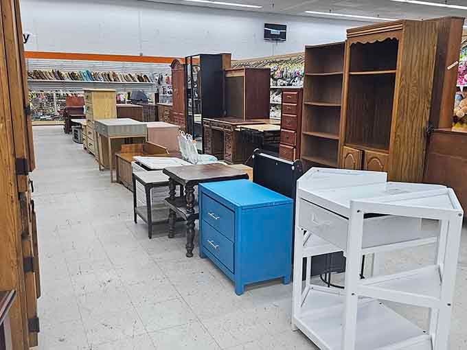 Desks, dressers, and shelving units create a furniture maze where your perfect piece is definitely hiding somewhere.