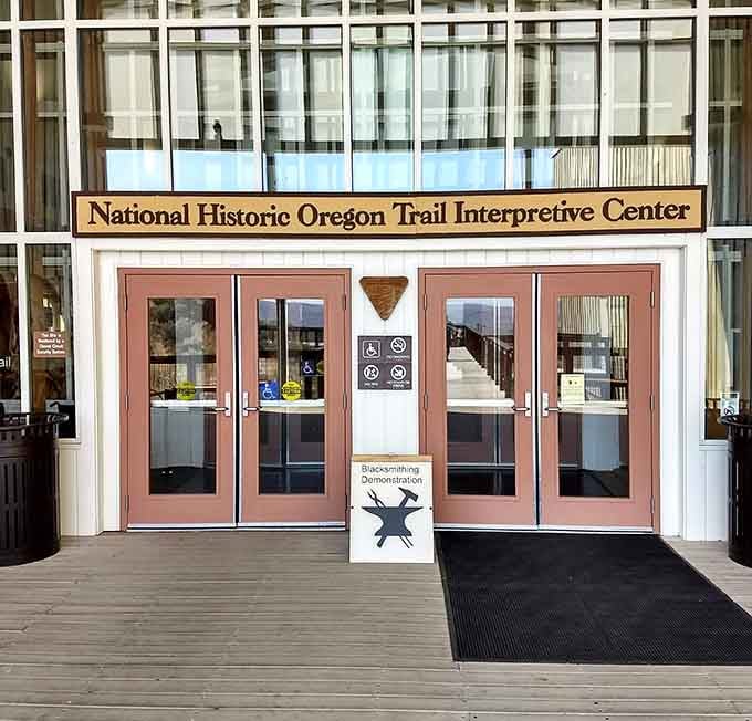 The Oregon Trail Interpretive Center entrance welcomes visitors to history without the dysentery, thankfully for everyone involved.