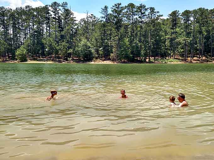 Family swimming time in water so clear you can actually see there aren't any monsters.