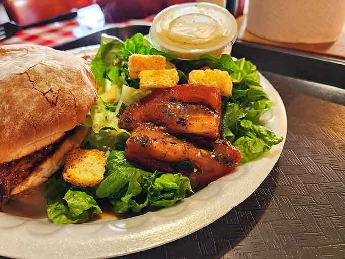 Even the salad gets smoked chicken because apparently vegetables needed to be more interesting at Baker's Ribs.