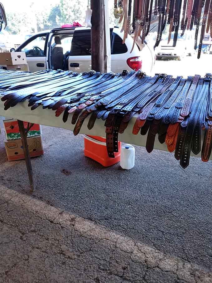 Belt displays that could outfit an entire Western movie cast, from classic leather to statement pieces with personality.