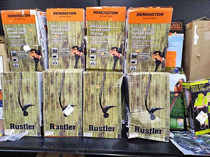 Lawn care equipment lined up like soldiers ready to battle your overgrown yard without destroying your bank account balance.