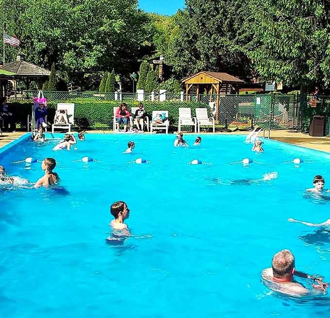 The pool on a sunny day becomes the campground's social hub where everyone suddenly becomes best friends.