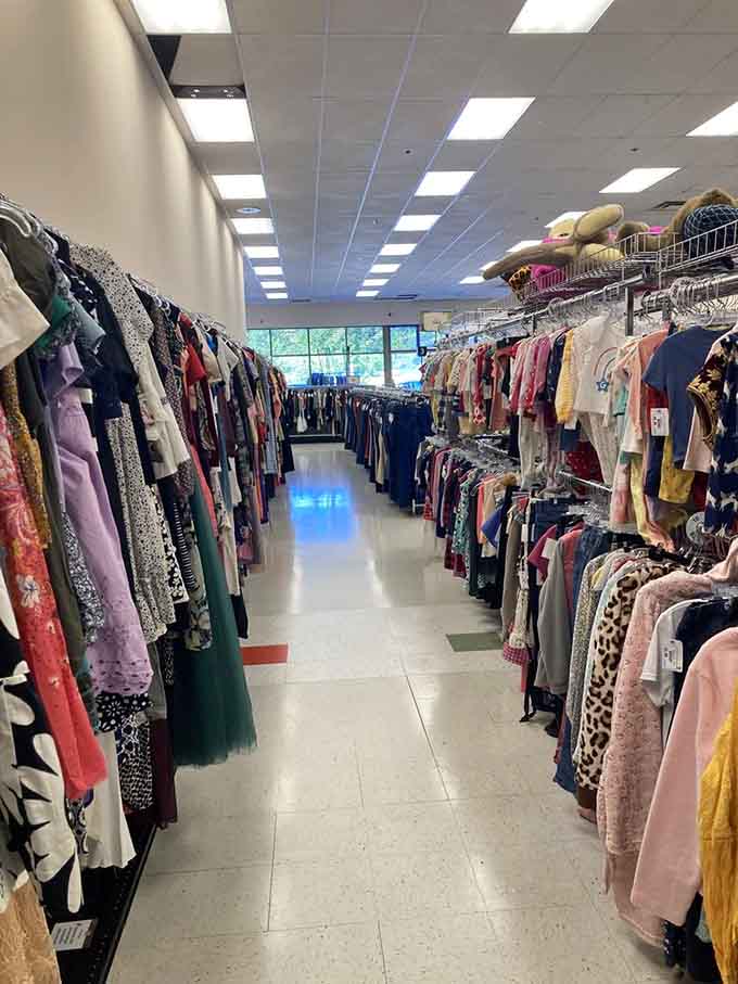 Dresses hanging like possibilities, each one waiting to become someone's favorite outfit for special occasions.