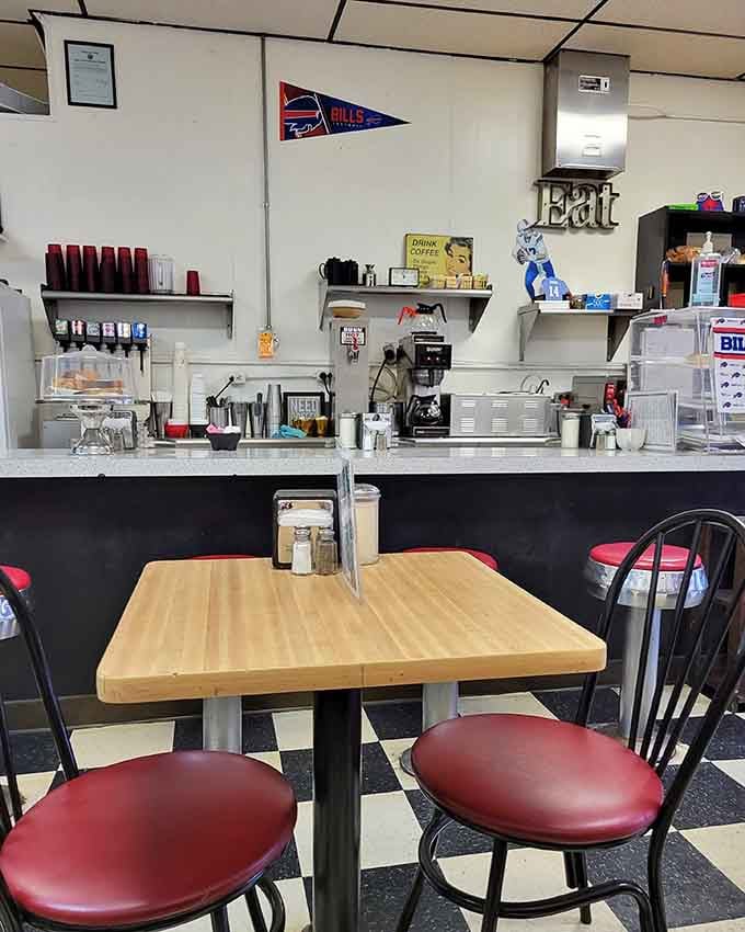 Buffalo Bills pride meets vintage diner charm in a space that feels like coming home to breakfast.