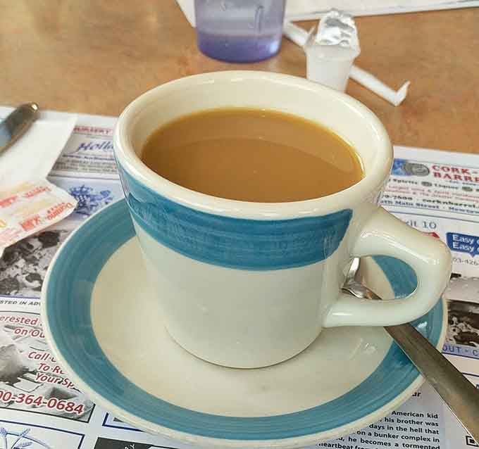 Diner coffee served in a proper mug, hot and strong, exactly as the breakfast gods intended it.