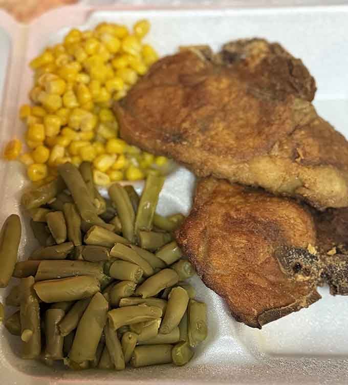Pork chops with corn and green beans, because sometimes dinner needs to feel like home.