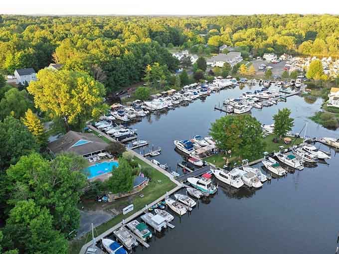 From above, this peaceful marina reveals a floating neighborhood where every resident shares the same excellent life choice.