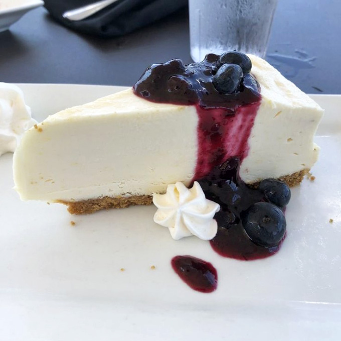Lemonade pie topped with blueberry compote is how you end a waterfront meal when you're doing everything correctly.