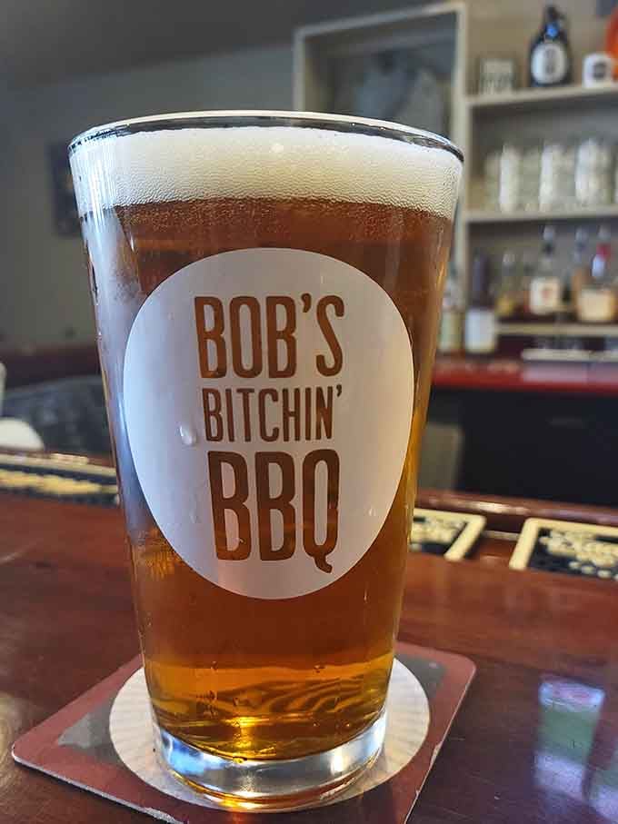 A cold beer in a Bob's Bitchin' BBQ glass is basically the Wisconsin version of fine dining perfection.