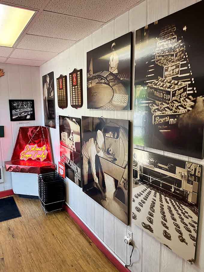 Historic photos showcase the candy-making process, reminding us that great chocolate requires both art and science.