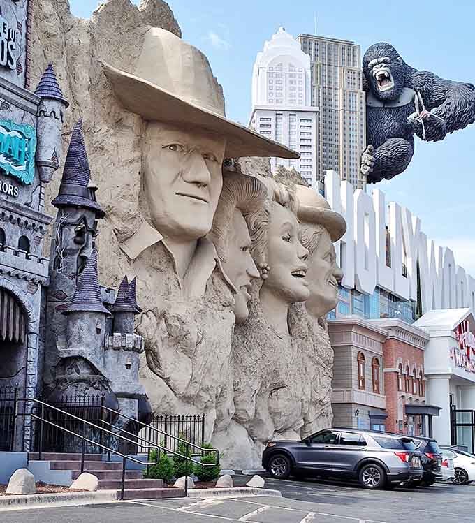 Mount Rushmore meets Hollywood on the Strip, where King Kong photobombs America's founding fathers in spectacular fashion.