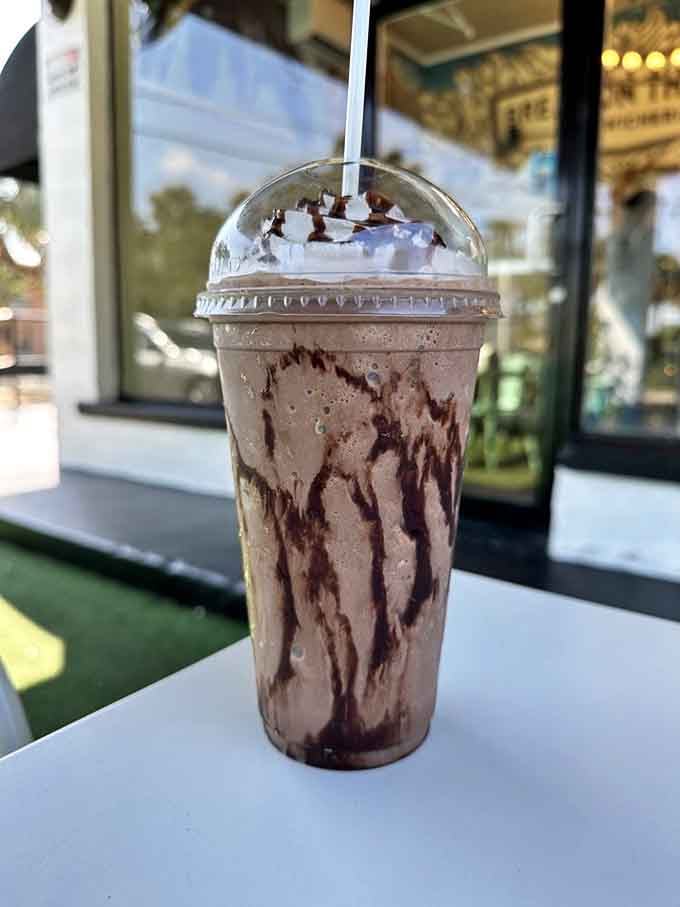 This chocolate frappe with its dramatic drizzle looks like dessert but identifies as acceptable morning beverage, and we're not judging.