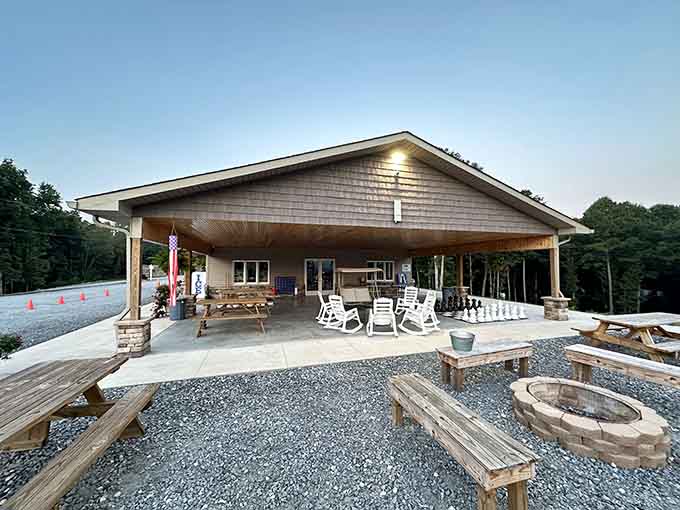 The pavilion features ping-pong and giant chess because even nature lovers need entertainment options beyond staring at trees.