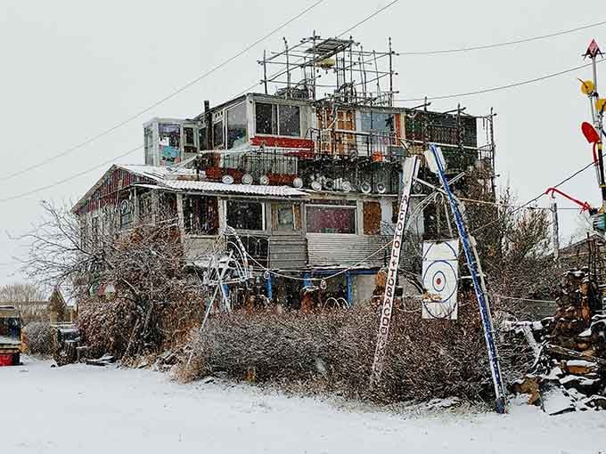 Winter snow adds a surreal quality to an already surreal scene, like Narnia designed by a visionary welder.
