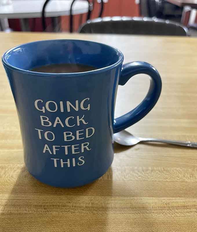 That coffee mug says it all: you'll definitely be going back to bed after tackling one of these hearty breakfast platters.