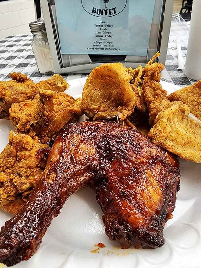 Golden fried chicken and glazed barbecue chicken share a plate like the dream team they were always meant to be.