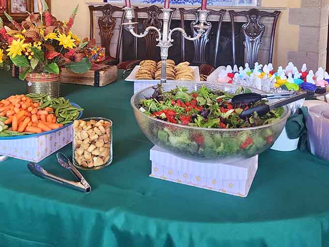 Fresh salad and vegetables remind you there's balance, right before you devour more desserts anyway.