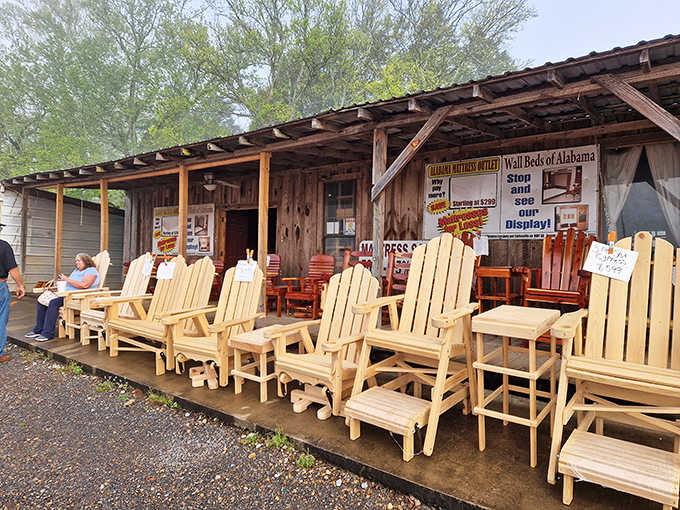 Handcrafted wooden furniture sits ready to transform your porch into the neighborhood's most envied gathering spot.