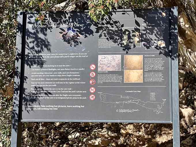 The welcome sign promises adventure, though it wisely skips mentioning the uphill hike beforehand.