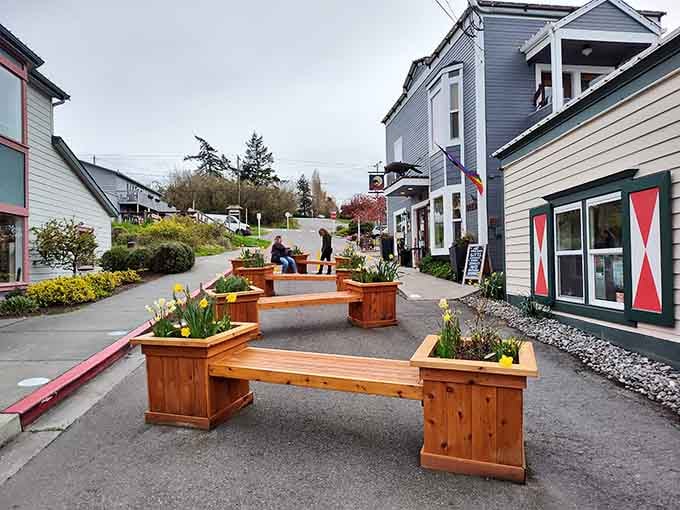 Downtown Coupeville's benches and planters invite you to sit, relax, and plan your next three meals in advance.