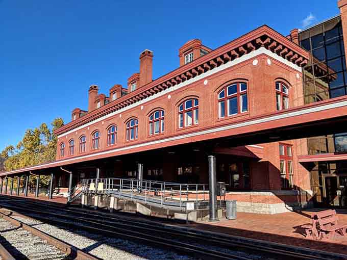 Western Maryland Railway Station platform where vintage trains still roll, proving nostalgia can have an actual schedule and arrive on time.