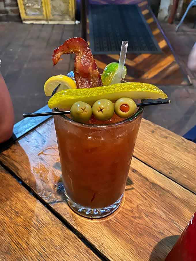 That Bloody Mary topped with bacon, pickle, olives, and pepperoncini is basically brunch's greatest achievement.