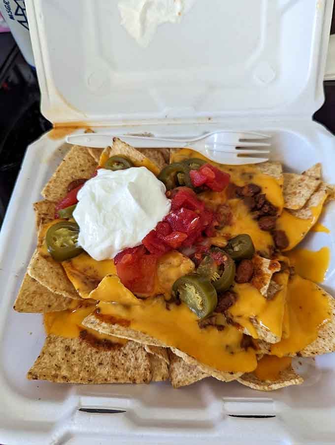 Nachos loaded with enough cheese and toppings to make you forget you came here for ice cream, at least temporarily.