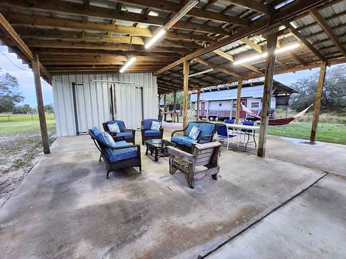 A covered pavilion with seating that says "we're grilling tonight" louder than any dinner bell ever could.