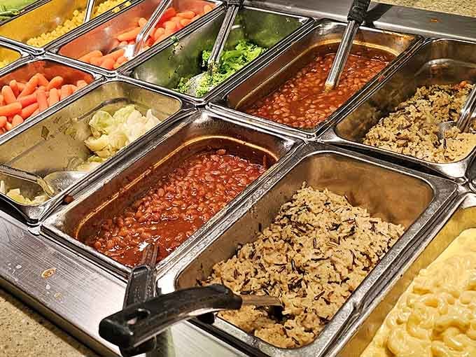 Steam tables filled with breakfast classics: where scrambled eggs and sausage links live their best lives together.