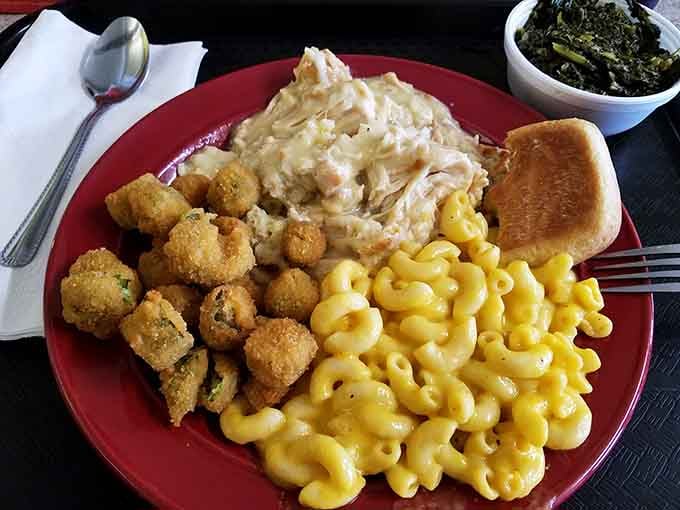 Mac and cheese this creamy paired with golden okra is Southern comfort food firing on all cylinders beautifully.