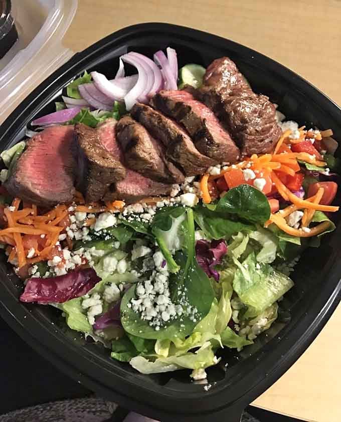 Even the salads get the royal treatment here, topped with sliced steak that makes rabbit food actually exciting.