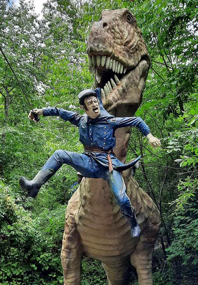 This Union cavalryman riding a T-Rex represents either the worst military strategy ever or the most entertaining sculpture you'll see today.
