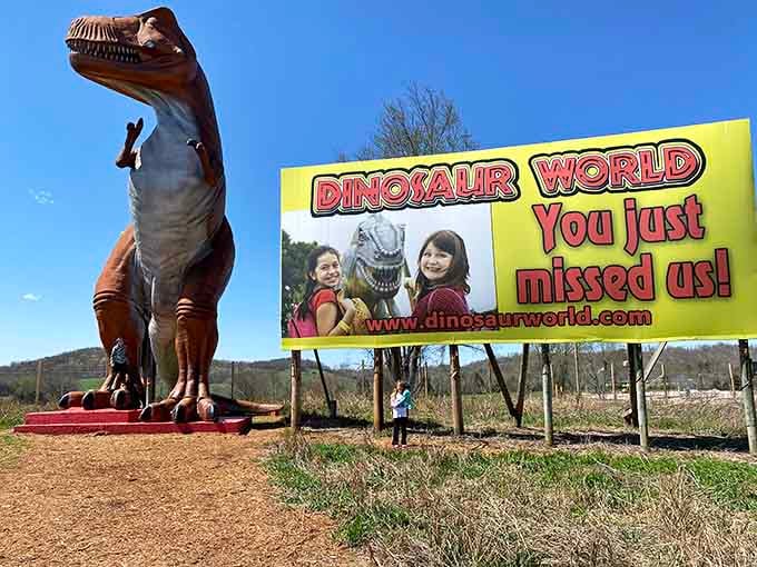 Even the roadside signs feature dinosaurs here, because subtlety is for mammals who weren't apex predators for millions of years.