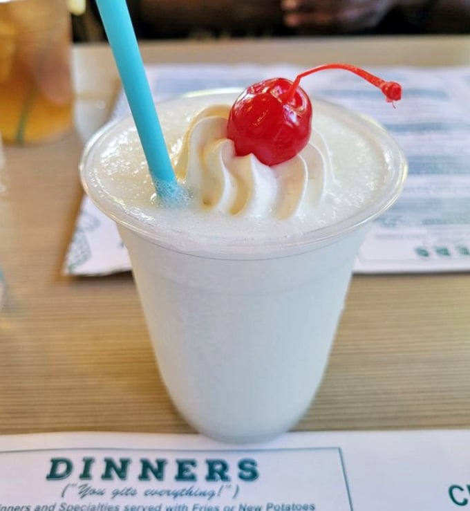 A frosty mango colada topped with whipped cream and a cherry makes the Gulf Coast feel even more tropical.
