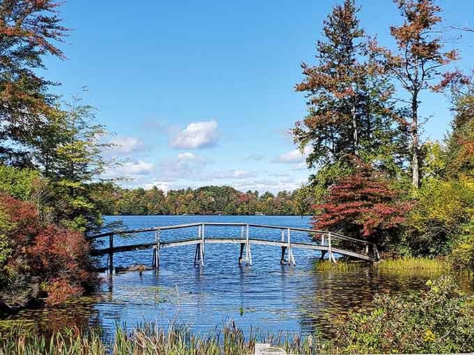 A footbridge over impossibly blue water where motorboats fear to tread and peace actually stands a fighting chance.