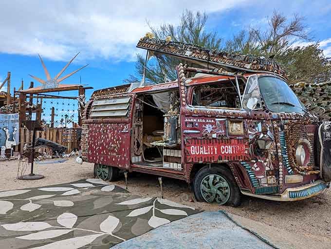 A vintage camper gets the full artistic treatment, becoming part sculpture, part time capsule, entirely unforgettable.