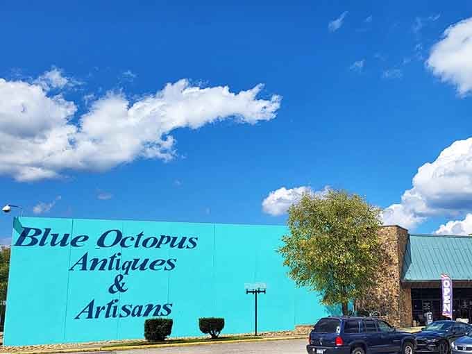That turquoise wall screams louder than any billboard, proving small-town businesses know how to make a statement.