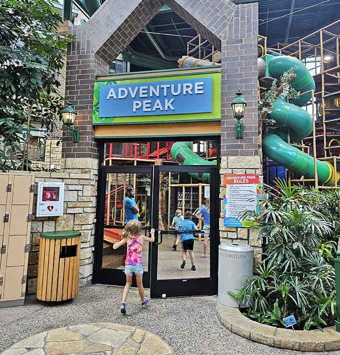 Adventure Peak's entrance promises thrills, and those twisting green slides deliver on every single one of those promises spectacularly.