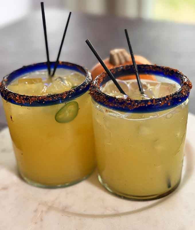 Spicy mango margaritas with taj&iacute;n rims: because gas station dining just got a whole lot more interesting and festive.