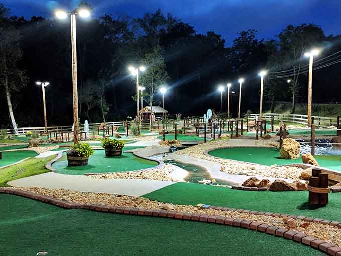 Evening lighting transforms the course into something magical, proving mini golf doesn't have to end at sunset.