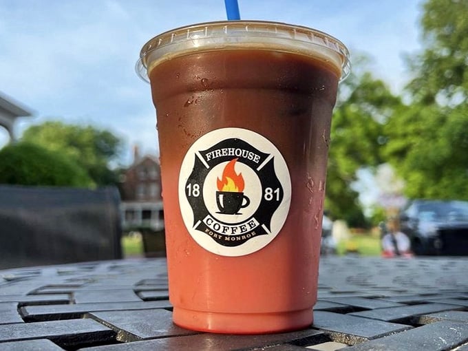 A raspberry iced latte with oat milk that's as photogenic as it is refreshing on a warm Virginia afternoon.
