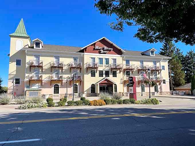 Colonial architecture gets a Bavarian neighbor in this charming streetscape where architectural styles peacefully coexist and thrive.