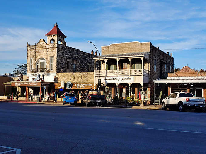 Golden hour bathes these historic storefronts in warm light, making every building look Instagram-ready without filters.